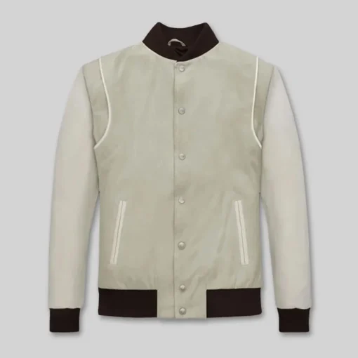 Get Premium Cream Beige & Noir Leather Varsity Jacket - Nova Jacket